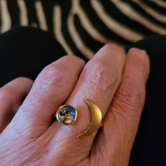 Jewelry | Handcrafted Celestial Jewelry Cresent Moon Ring With Earth Image In Gold | Poshmark
